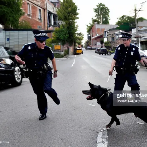 a dog wearing a policeman uniform, chasing a robber | Stable Diffusion