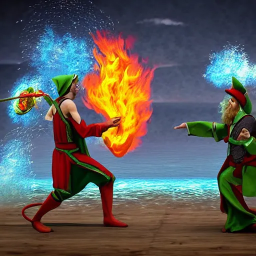 A fire wizard and a water wizard arguing. | Stable Diffusion | OpenArt