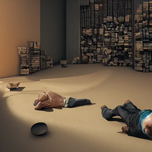 a man laying on the ground next to a stack of | Stable Diffusion | OpenArt
