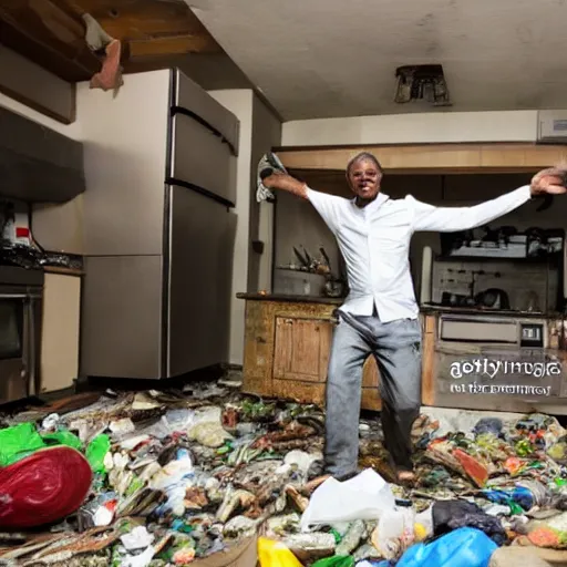 photo of a man dancing in the kitchen, full of trash, | Stable ...