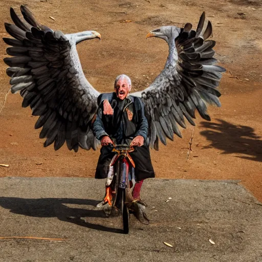 an elderly man riding a giant eagle, screaming, bold | Stable Diffusion ...