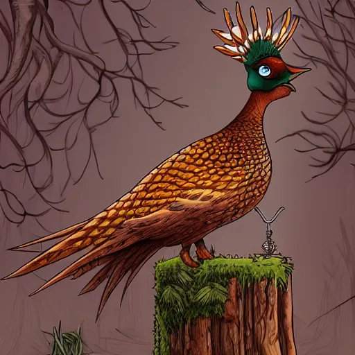 pheasant guard sits on a stump, in deep forest, by | Stable Diffusion | OpenArt