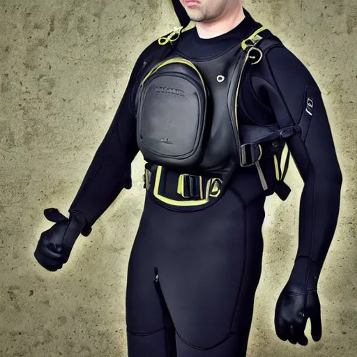 bulletproof vest combined with scuba diving dry suit, | Stable Diffusion