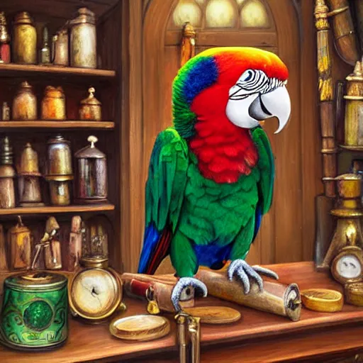 Anthropomorphized parrot trader in his shop, portrait, | Stable ...