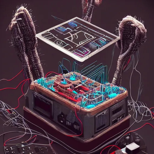 a square computer coated in, clumps of hair, wires, | Stable Diffusion ...