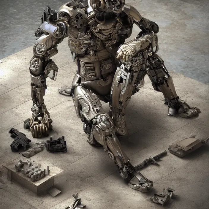 military cyborg ninja made out of clay, sitting by the | Stable ...