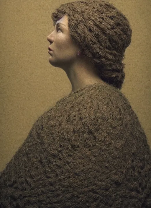a woman's face in profile, made of strands of yarn, in | Stable Diffusion
