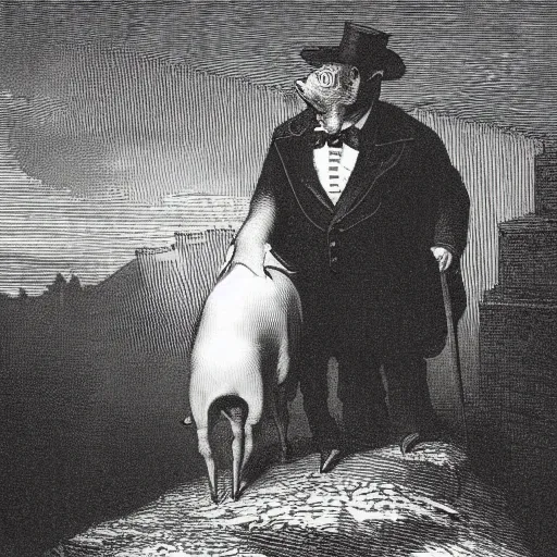 a pig in a tuxedo, dramatic lighting, city background, | Stable Diffusion