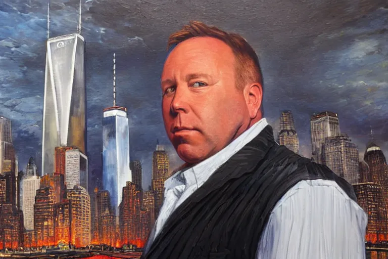 portrait of alex jones beside the old wtc towers, an | Stable Diffusion ...