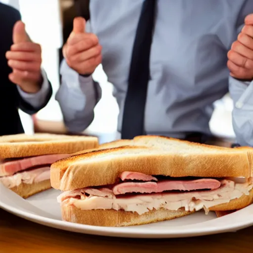 stock photo of business men eating a ham sandwich | Stable Diffusion ...