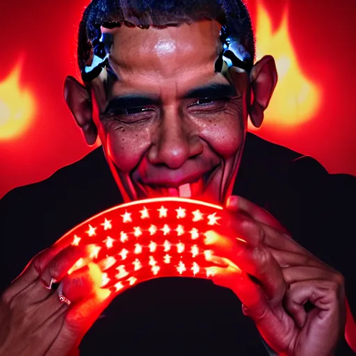 Obama red flashlight glowing eyes, flames are burning | Stable ...