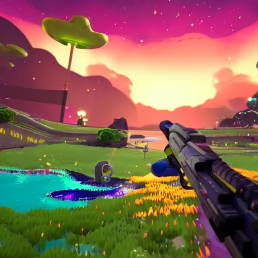 a landscape in the night of video game splatoon 3, | Stable Diffusion