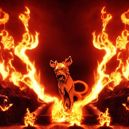 Flaming Cerberus standing at the gates of hell. High | Stable Diffusion