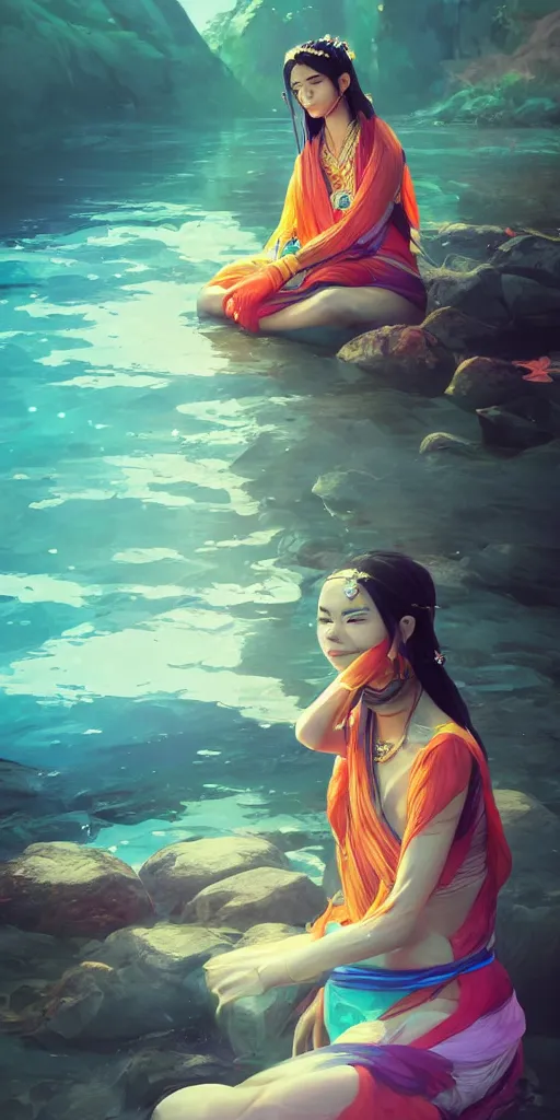 a himalayan woman sitting in water, ritual, mage, | Stable Diffusion ...