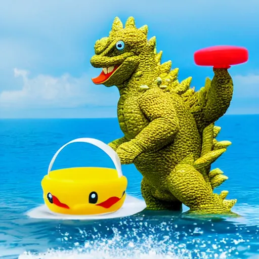 cartoon Godzilla taking a bath in the ocean, rubber | Stable Diffusion