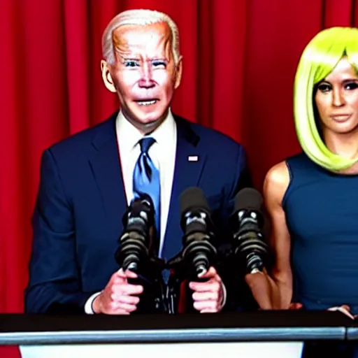 photograph of a an alien wearing a blond wig and a red | Stable Diffusion