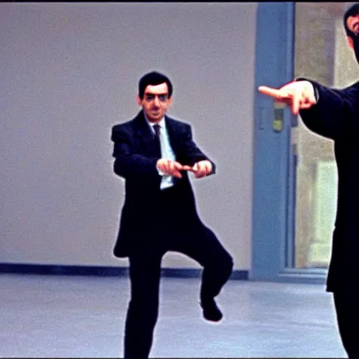 A still of Mr Bean in The Matrix | Stable Diffusion