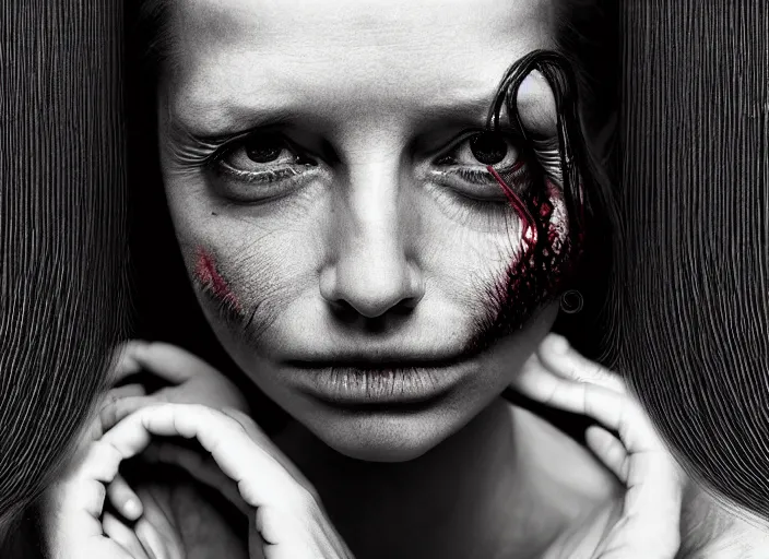 mid shot portrait of a woman stuck in never ending | Stable Diffusion ...