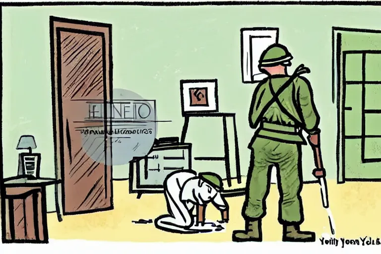 a new yorker style cartoon of a soldier cleaning a room | Stable Diffusion