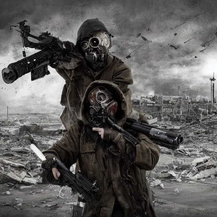 gritty hooded apocalyptic man firing laser - rifle in | Stable ...