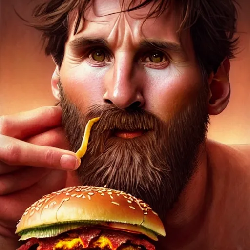 Lionel Messi eating a mammoth Wendy's baconator, | Stable Diffusion