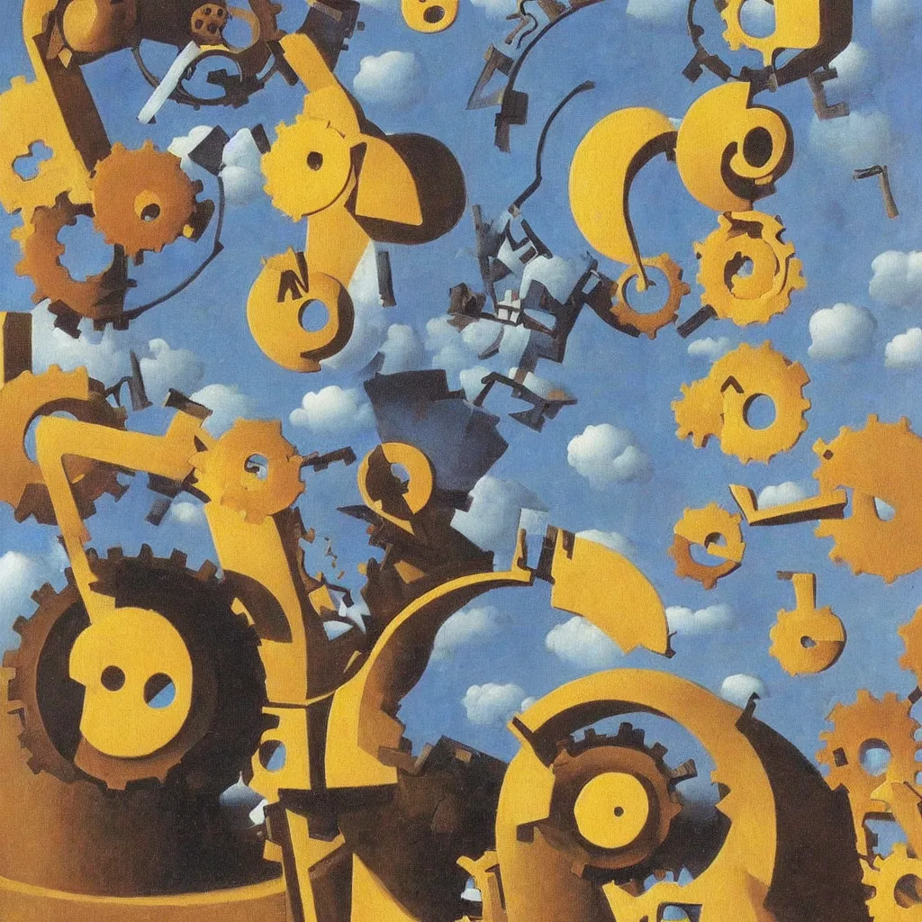 surrealist painting of a happy cog, by Rene Magritte, | Stable Diffusion