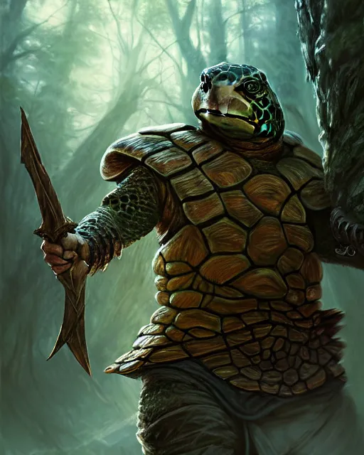Turtle Warrior holding huge shield, forest background, | Stable Diffusion