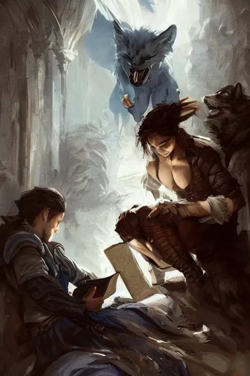 concept art of fitzchivalry and nighteyes wolf reading | Stable Diffusion