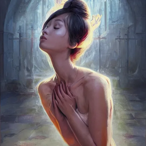 Art station concept of a beautiful girl kneeling in | Stable Diffusion | OpenArt