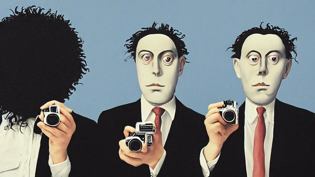 Two people holding cameras and facing each other, by | Stable Diffusion ...