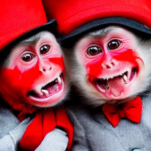 3 monkeys wearing red top hats, pointing their fingers | Stable Diffusion | OpenArt