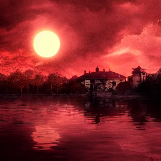 bleeding eclipse over a lake, dark atmosphere, moody, | Stable ...