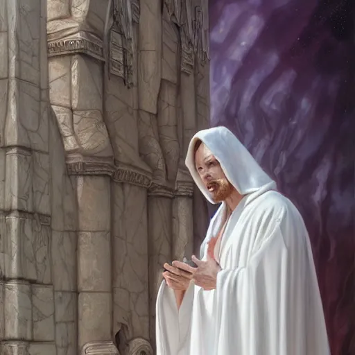 Cultist wearing white robes, fantasy close-up portrait | Stable ...