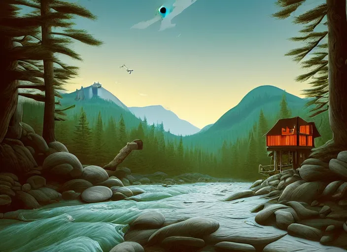 matte sharp painting, a river running past a cozy | Stable Diffusion ...