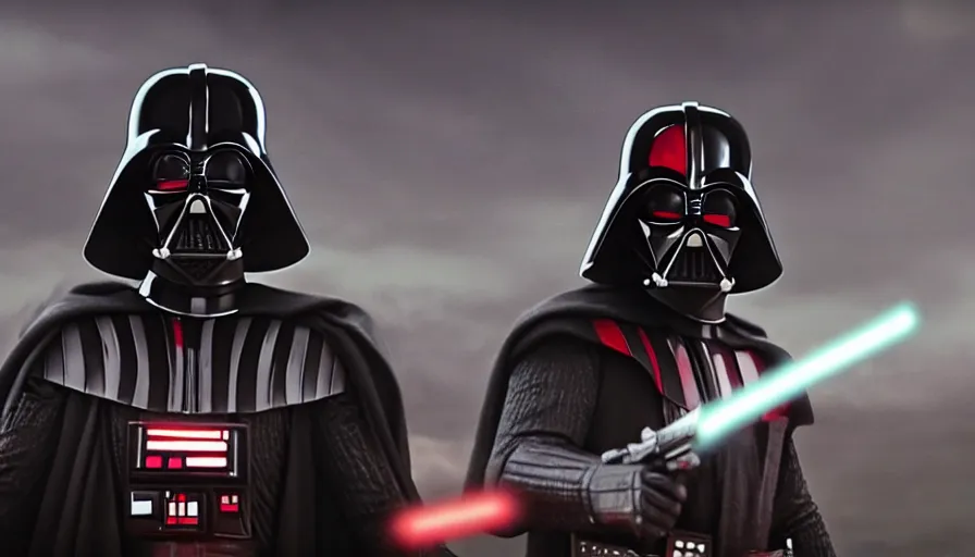 Darth Vader pointing a tommy gun at Deadpool, epic | Stable Diffusion ...