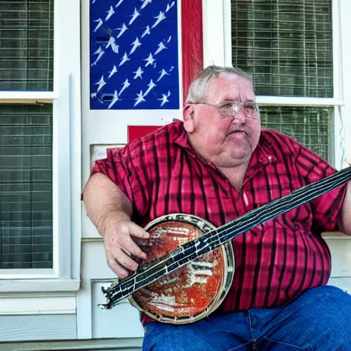 an old fat shirtless man playing a banjo on his front | Stable ...