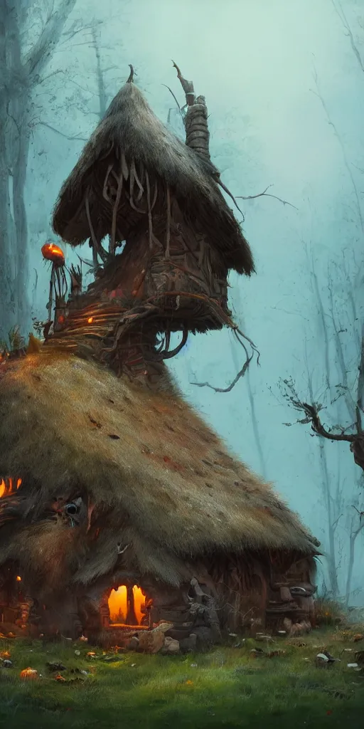 a witch hut with chicken legs, greg rutkowski, | Stable Diffusion