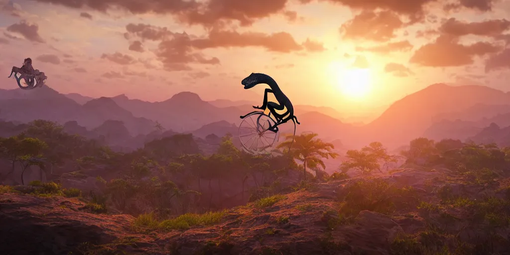 gecko riding a unicycle at sunrise, photo real, ultra | Stable ...