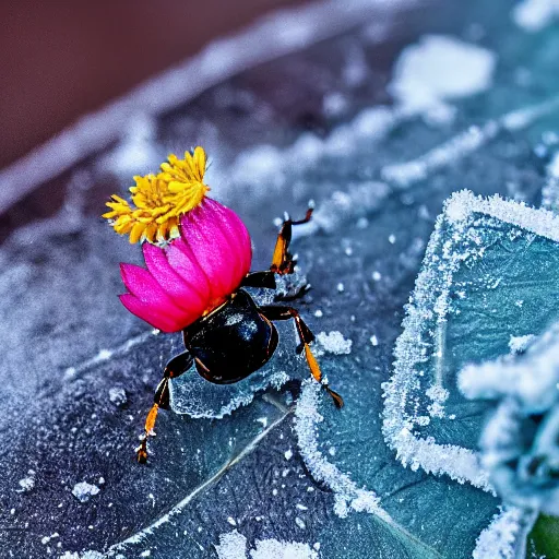 a beetle finding a beautiful flower, entrapped in ice, | Stable ...