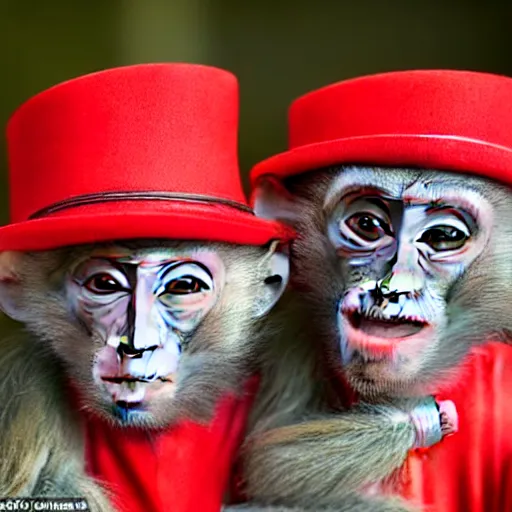 3 monkeys wearing red top hats, pointing their fingers | Stable Diffusion | OpenArt