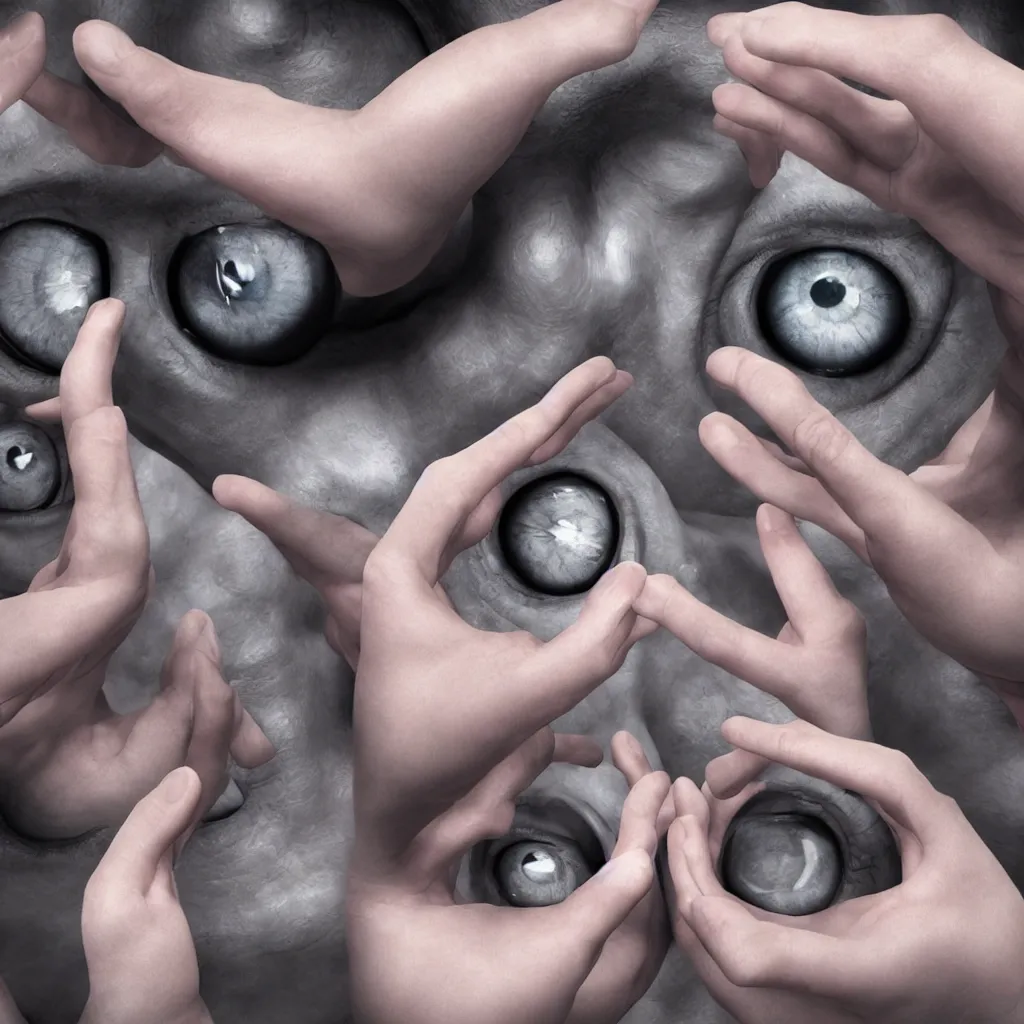 two hands holding dozens of human eyeballs, octane | Stable Diffusion | OpenArt