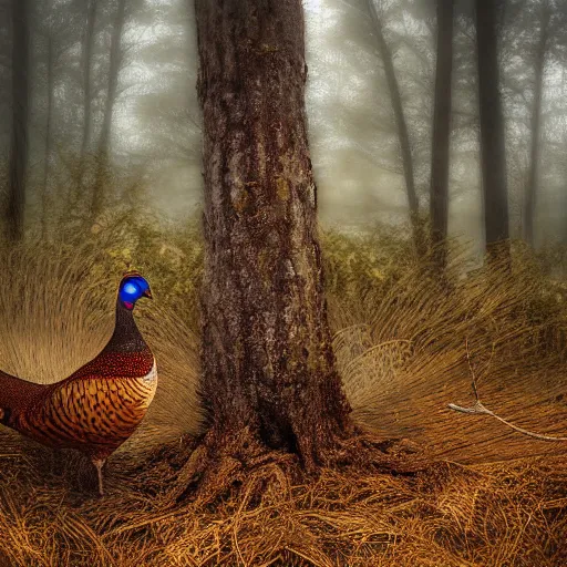 pheasant guard sits on a stump, in deep forest, by | Stable Diffusion | OpenArt