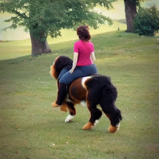 girl riding giant Bernese Mountain Dog in the park, | Stable Diffusion