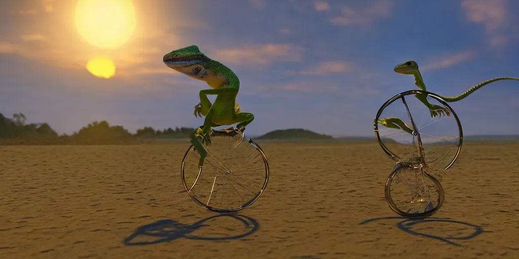 gecko riding a unicycle at sunrise, photo real, ultra | Stable ...