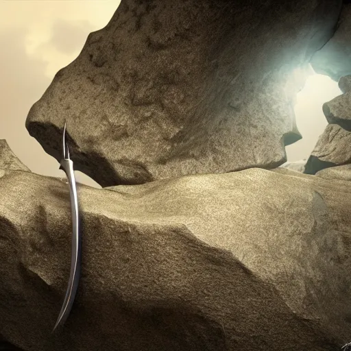 silver dagger stuck in a rock, dramatic lighting, | Stable Diffusion