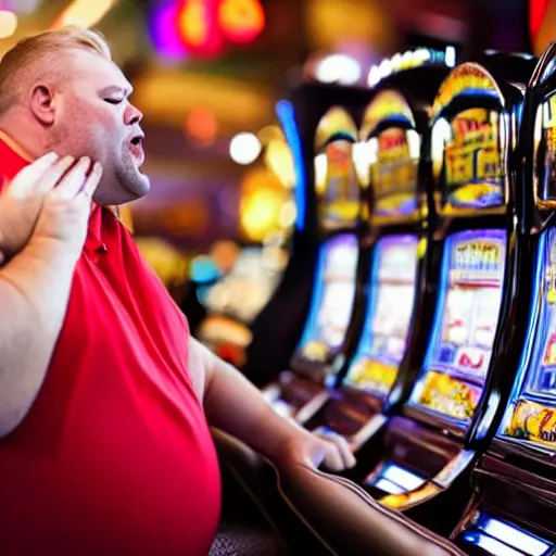 fat blonde man crying while losing money on a slot | Stable Diffusion