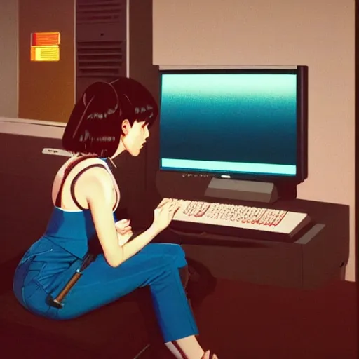 hacker girl bows to a computer in the 1 9 8 0 s, | Stable Diffusion | OpenArt