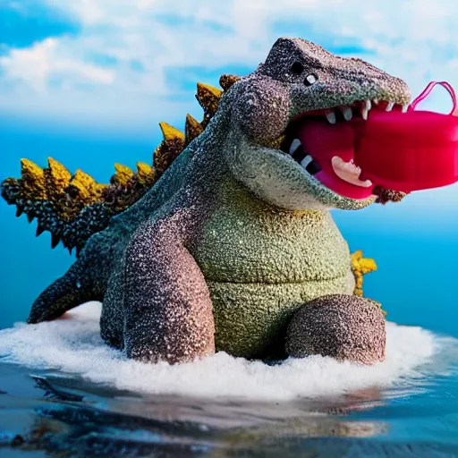 cartoon Godzilla taking a bath in the ocean, rubber | Stable Diffusion
