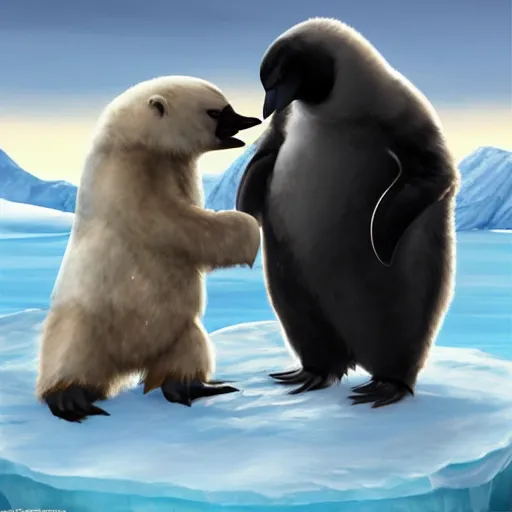 a penguin fighting a polar bear drawn by artgerm | Stable Diffusion
