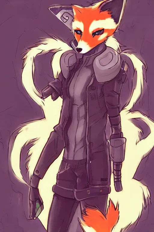 a cyberpunk anthropomorphic fox with a fluffy tail!!!, | Stable Diffusion
